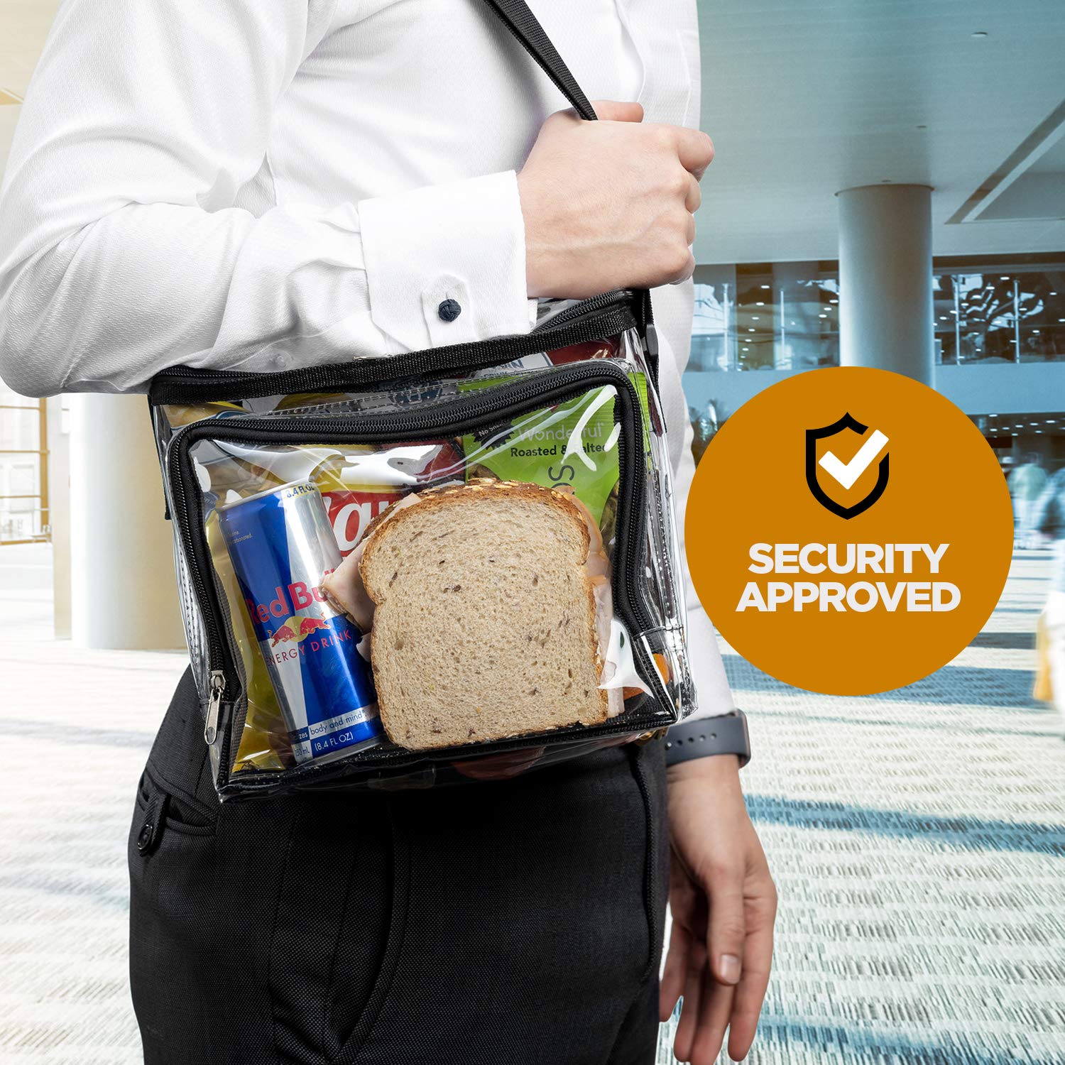 SP HOME GOODS Stadium Approved Clear lunch Bag {Large} with Adjustable Strap, Front Storage Compartment, and Mesh Pockets (Black, Large)