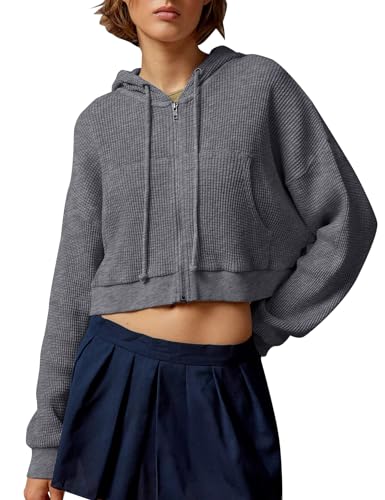 Flygo Women's Waffle Knit Hoodie Cropped Zip Up Hooded Sweatshirts Jacket with Kanga Pocket(Darkgrey-S)