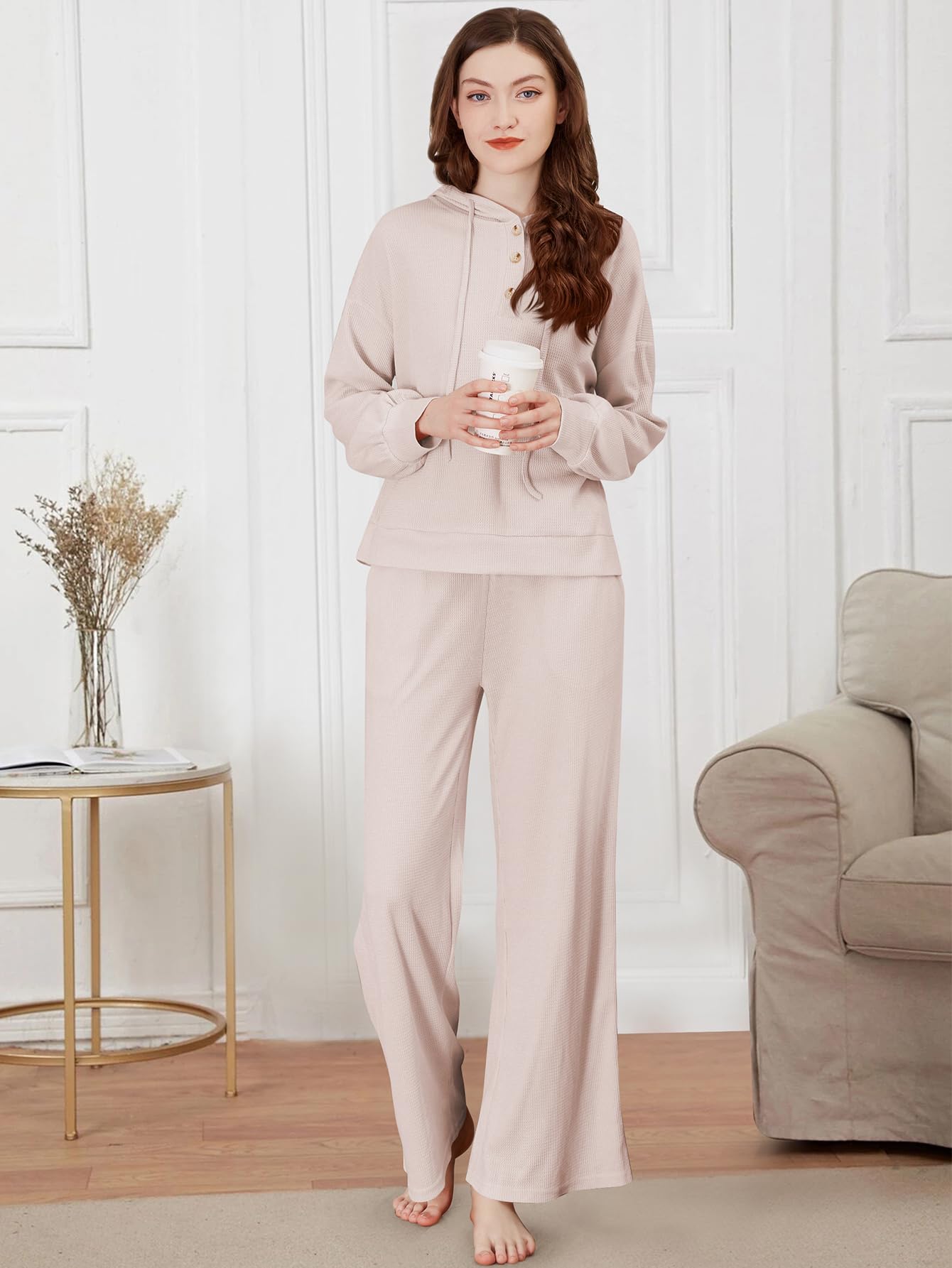 YKR Womens Loungewear Set 2 Piece Waffle Knit Lounge Sets Hooded Top and Wide Leg Pant Sweatsuits with Pockets Beige L