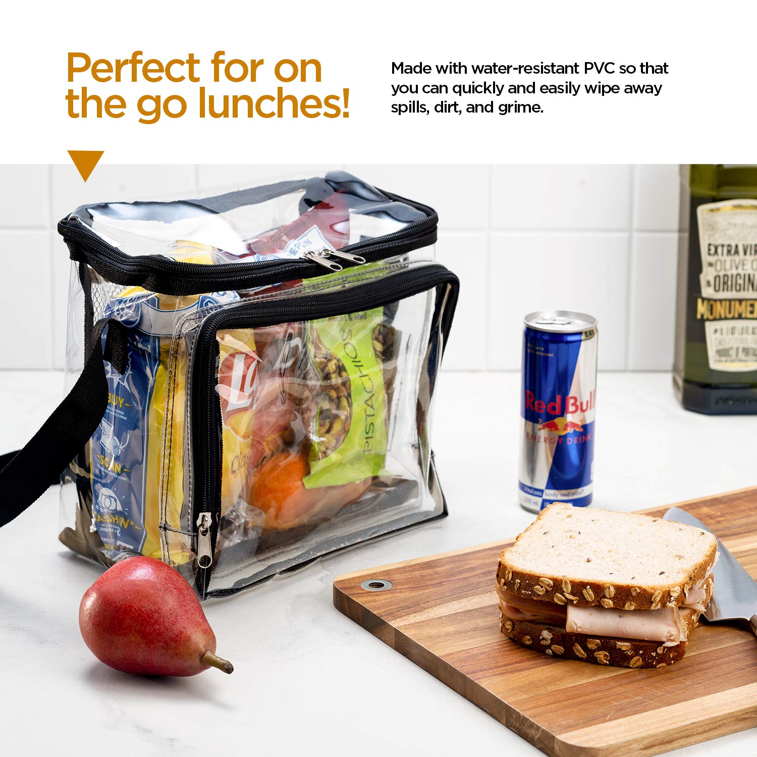 SP HOME GOODS Stadium Approved Clear lunch Bag {Large} with Adjustable Strap, Front Storage Compartment, and Mesh Pockets (Black, Large)