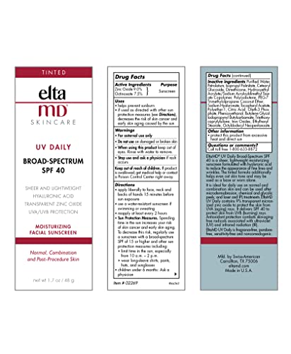 EltaMD UV Daily SPF 40 Tinted Sunscreen Moisturizer Face Lotion, Tinted Sunscreen with Hyaluronic Acid, Broad Spectrum Hydrating Sunscreen, Non Greasy, Sheer, Mineral-Based, 1.7 Ounce