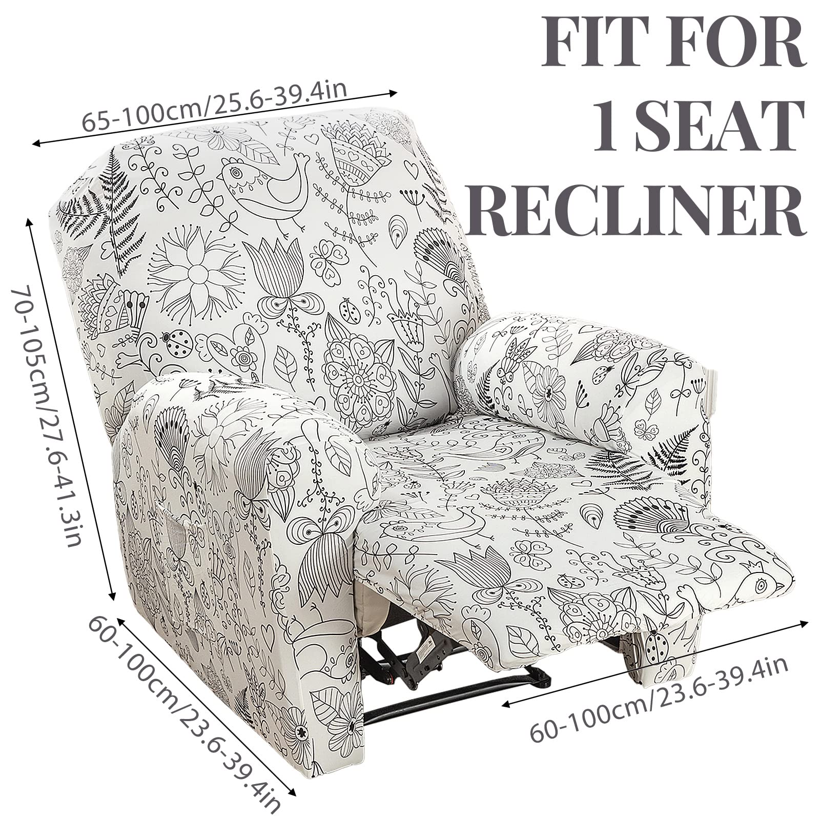 Stretch Recliner Cover Printed Chair Slipcovers 4 pcs in 1 Set Recliner Covers with Pockets 1 seat Printed Fallon Collection Slipcover Recliner Furniture Protector, Elastic Bottom (Wild Flower, 1 Set)