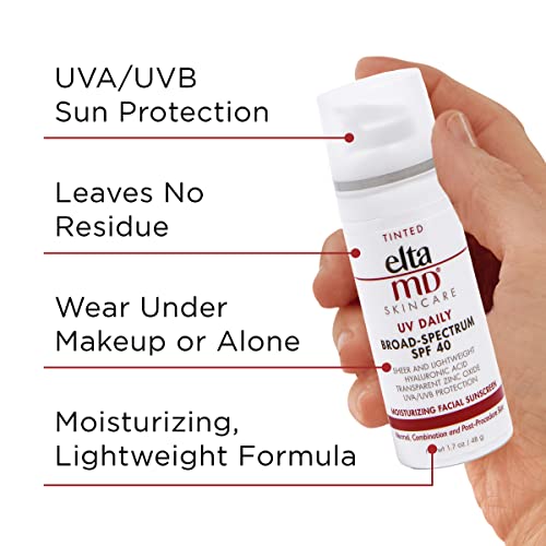 EltaMD UV Daily SPF 40 Tinted Sunscreen Moisturizer Face Lotion, Tinted Sunscreen with Hyaluronic Acid, Broad Spectrum Hydrating Sunscreen, Non Greasy, Sheer, Mineral-Based, 1.7 Ounce