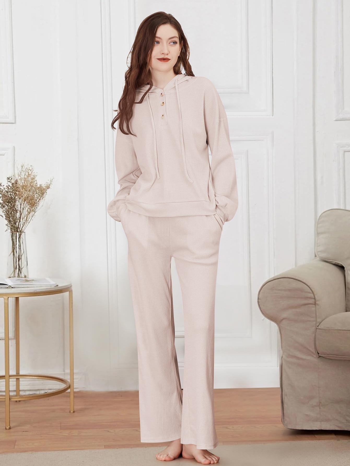 YKR Womens Loungewear Set 2 Piece Waffle Knit Lounge Sets Hooded Top and Wide Leg Pant Sweatsuits with Pockets Beige L
