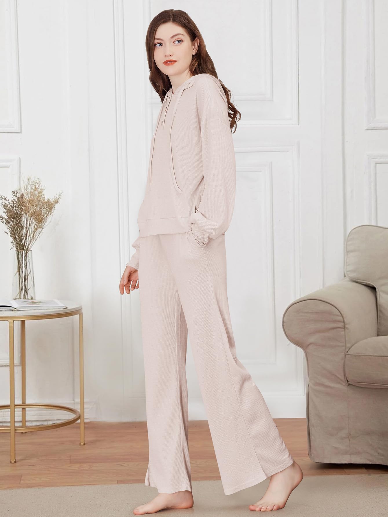 YKR Womens Loungewear Set 2 Piece Waffle Knit Lounge Sets Hooded Top and Wide Leg Pant Sweatsuits with Pockets Beige L