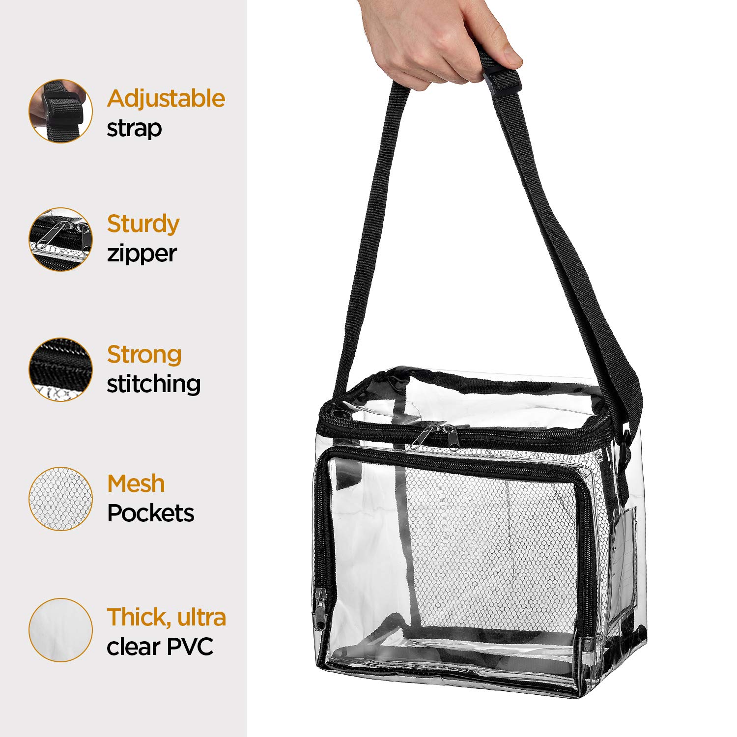 SP HOME GOODS Stadium Approved Clear lunch Bag {Large} with Adjustable Strap, Front Storage Compartment, and Mesh Pockets (Black, Large)