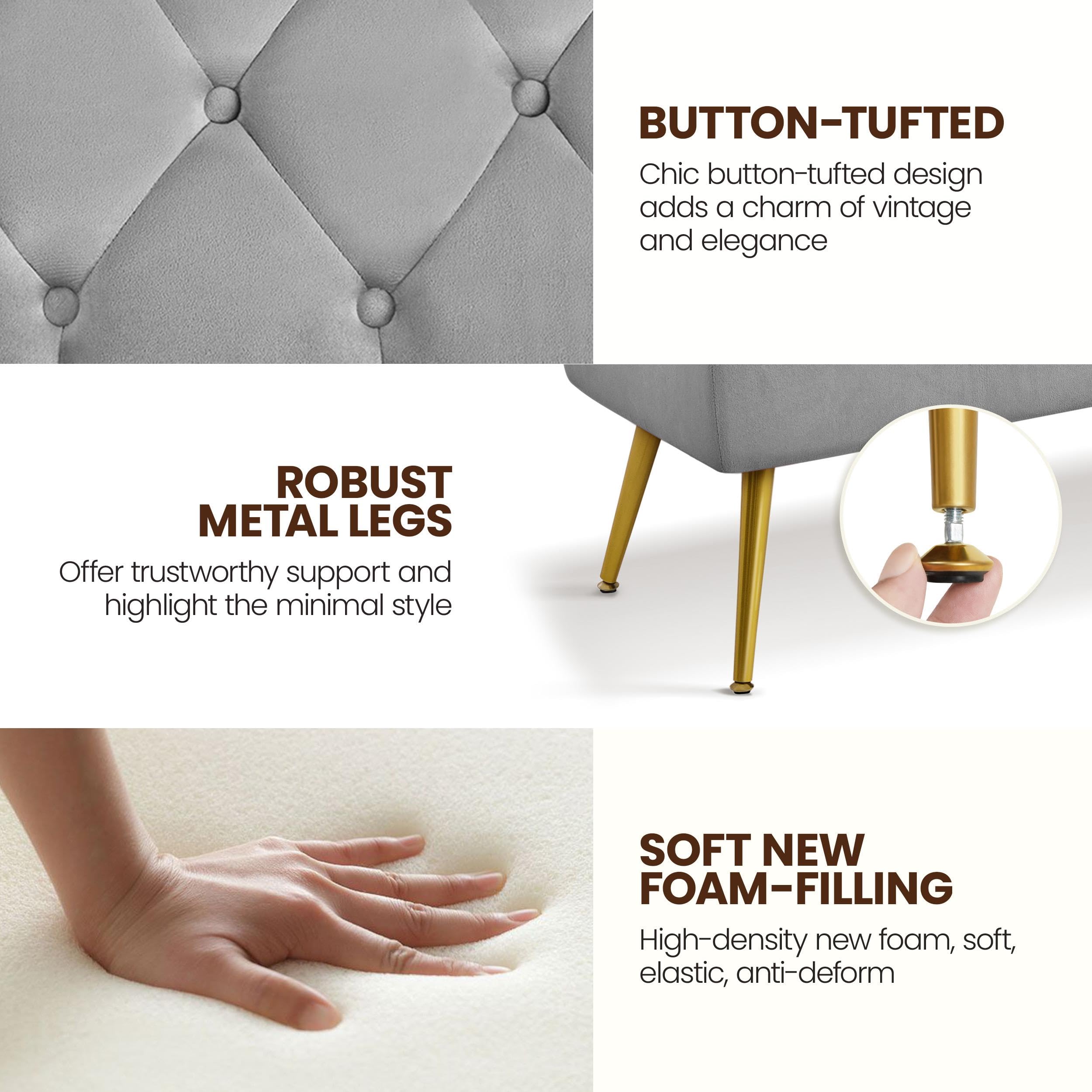Yaheetech Modern Ottoman Bench Velvet Bench Upholstered Footrest with Gold Metal Legs and Padded Seat Gray