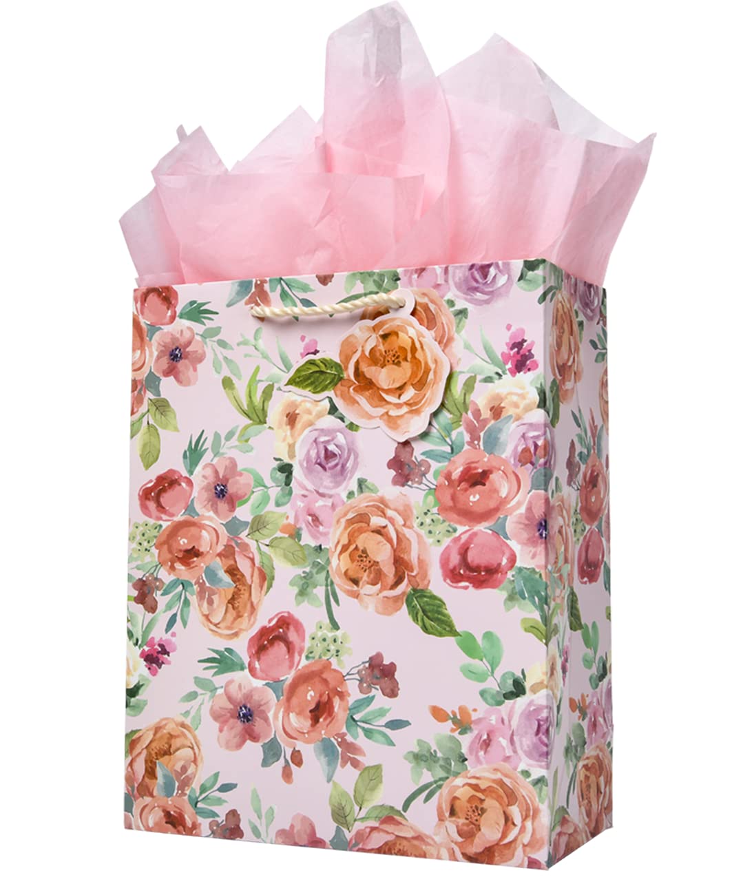 Elephant-package 12.6" Large Flower Gift Bag with Tissue Paper and greeting card, for Girls Women Birthday Gift Packing, Mothers Day, Valentine's Day, Bridal Shower, (Pink Rose)