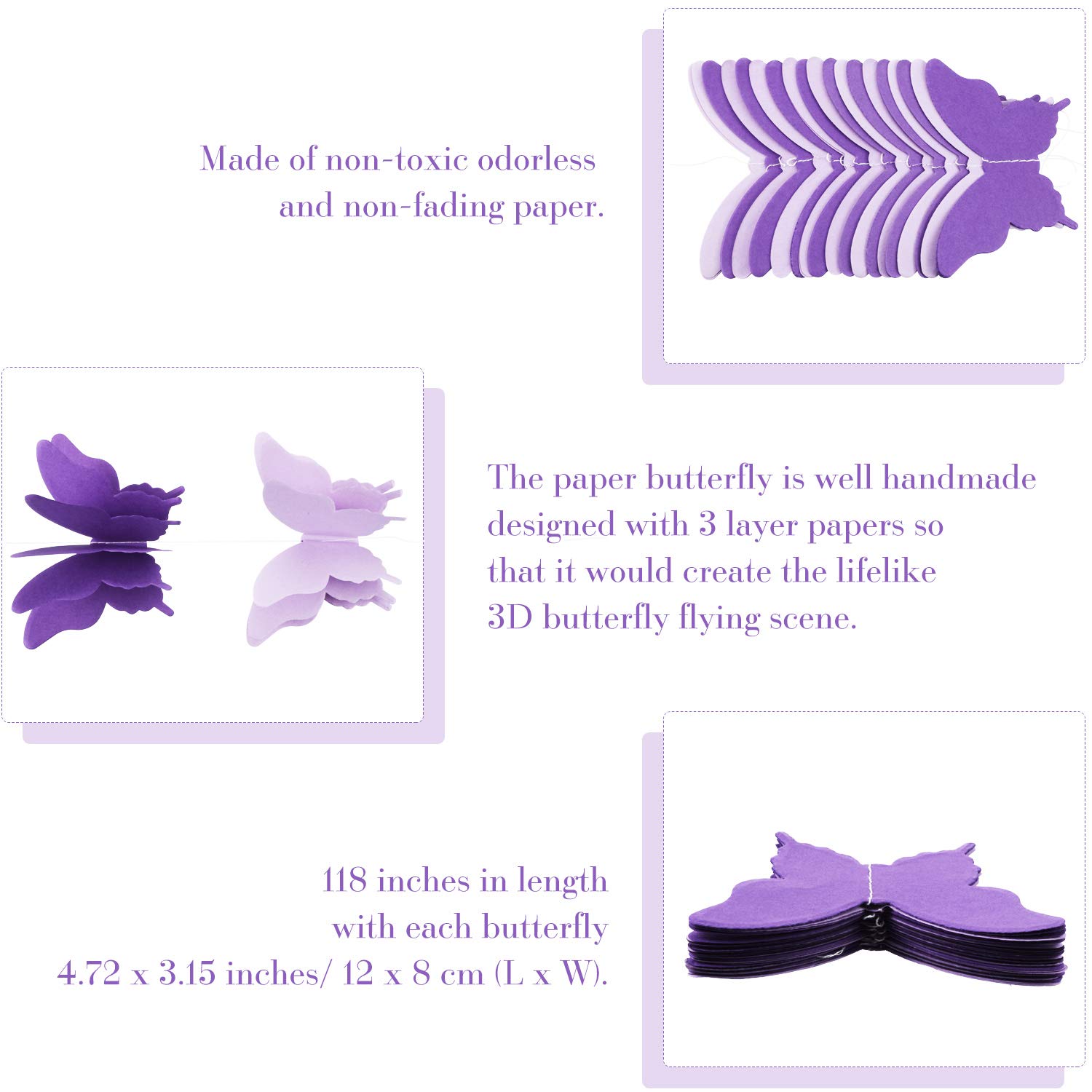 2 Pieces 3D Paper Butterfly Banner Hanging Decorative Garland for Wedding Baby Shower Birthday Proposal, 118 Inches Long (Purple)