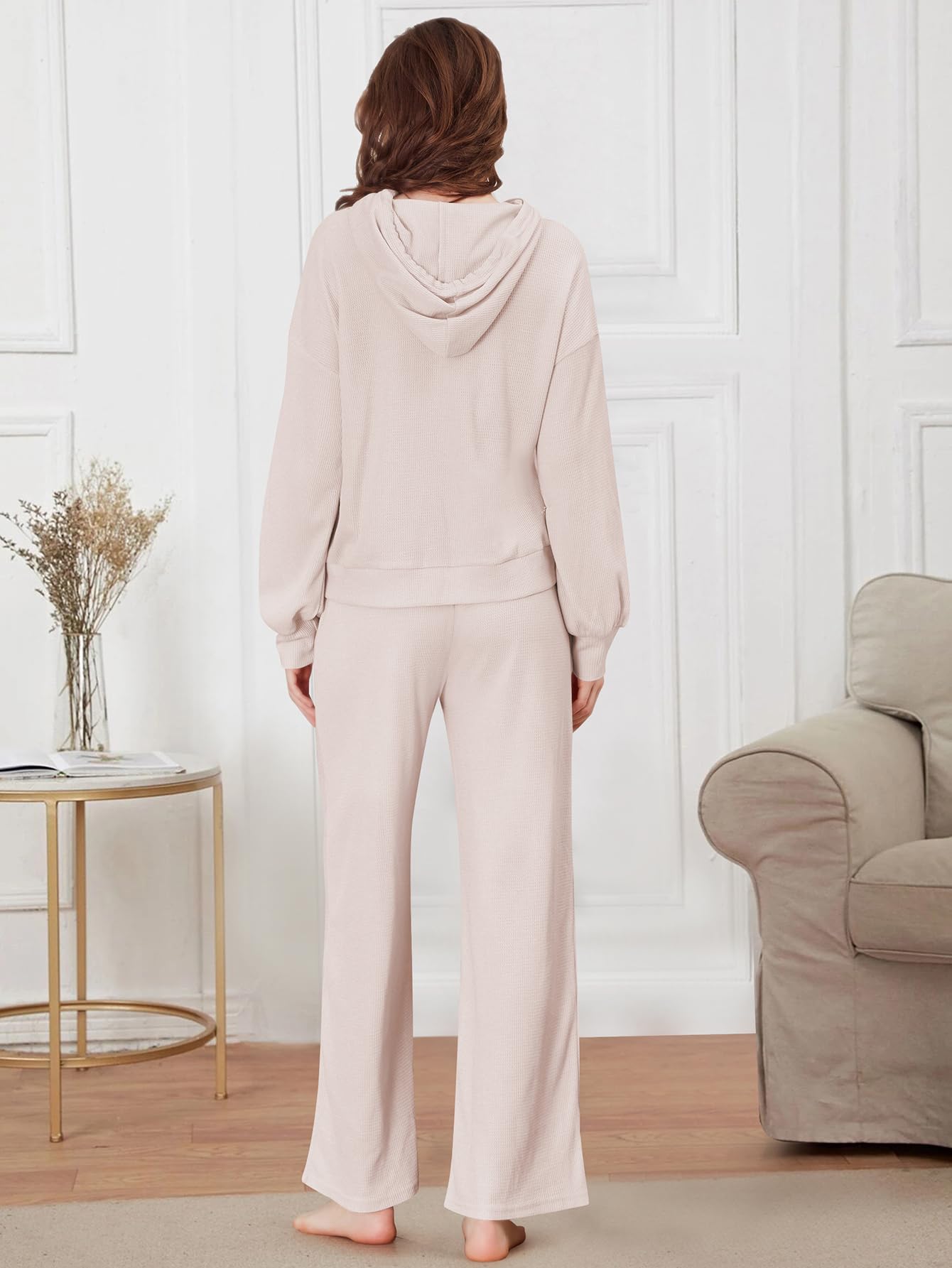 YKR Womens Loungewear Set 2 Piece Waffle Knit Lounge Sets Hooded Top and Wide Leg Pant Sweatsuits with Pockets Beige L