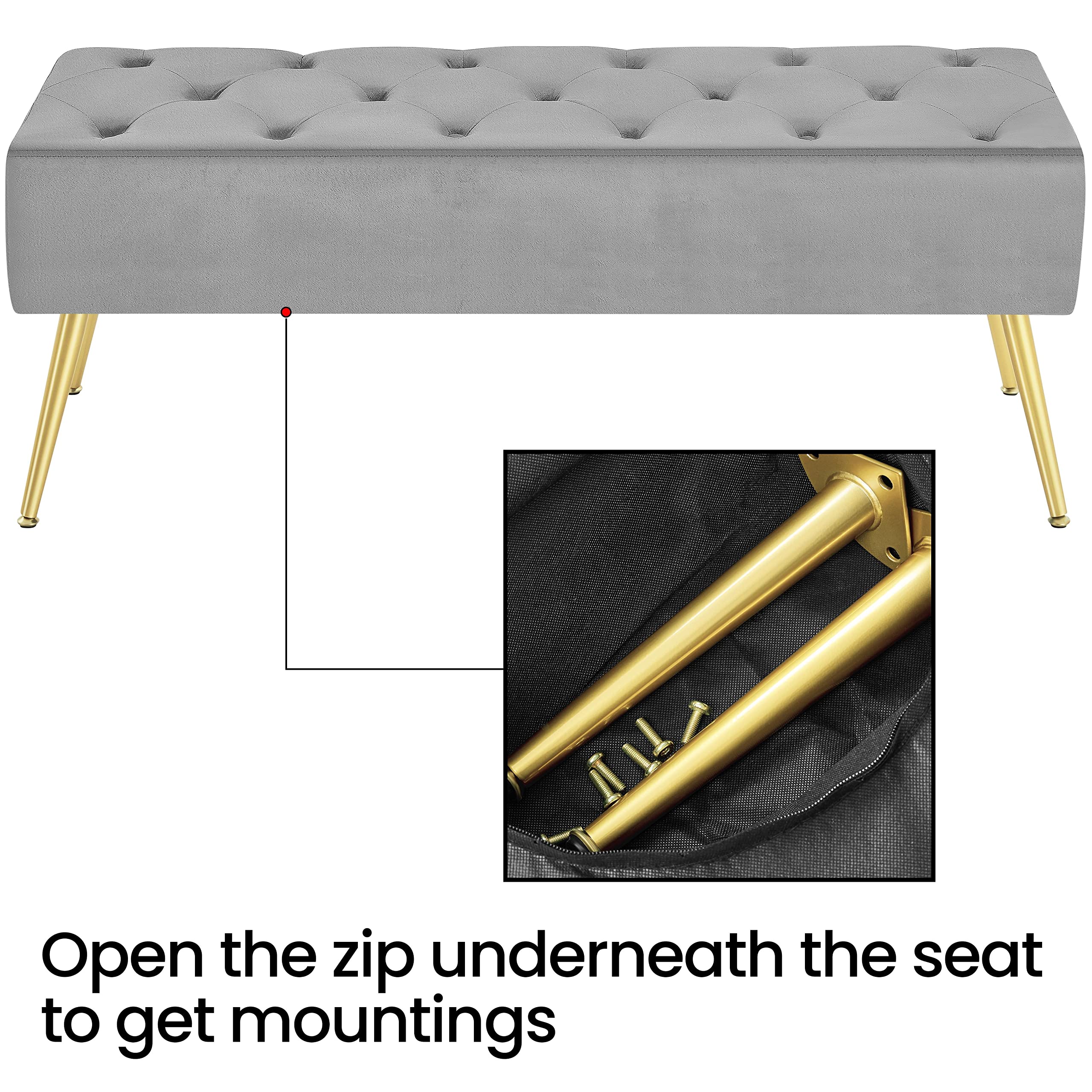 Yaheetech Modern Ottoman Bench Velvet Bench Upholstered Footrest with Gold Metal Legs and Padded Seat Gray
