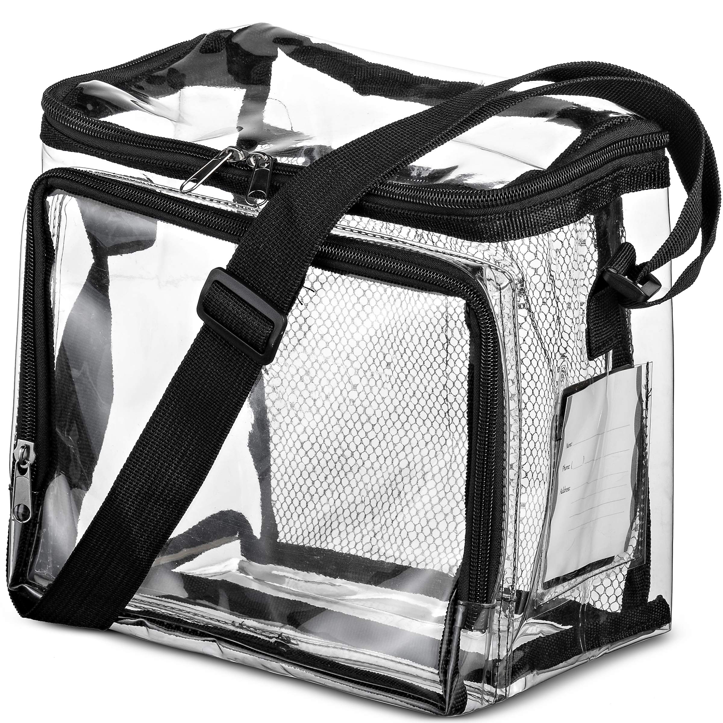 SP HOME GOODS Stadium Approved Clear lunch Bag {Large} with Adjustable Strap, Front Storage Compartment, and Mesh Pockets (Black, Large)
