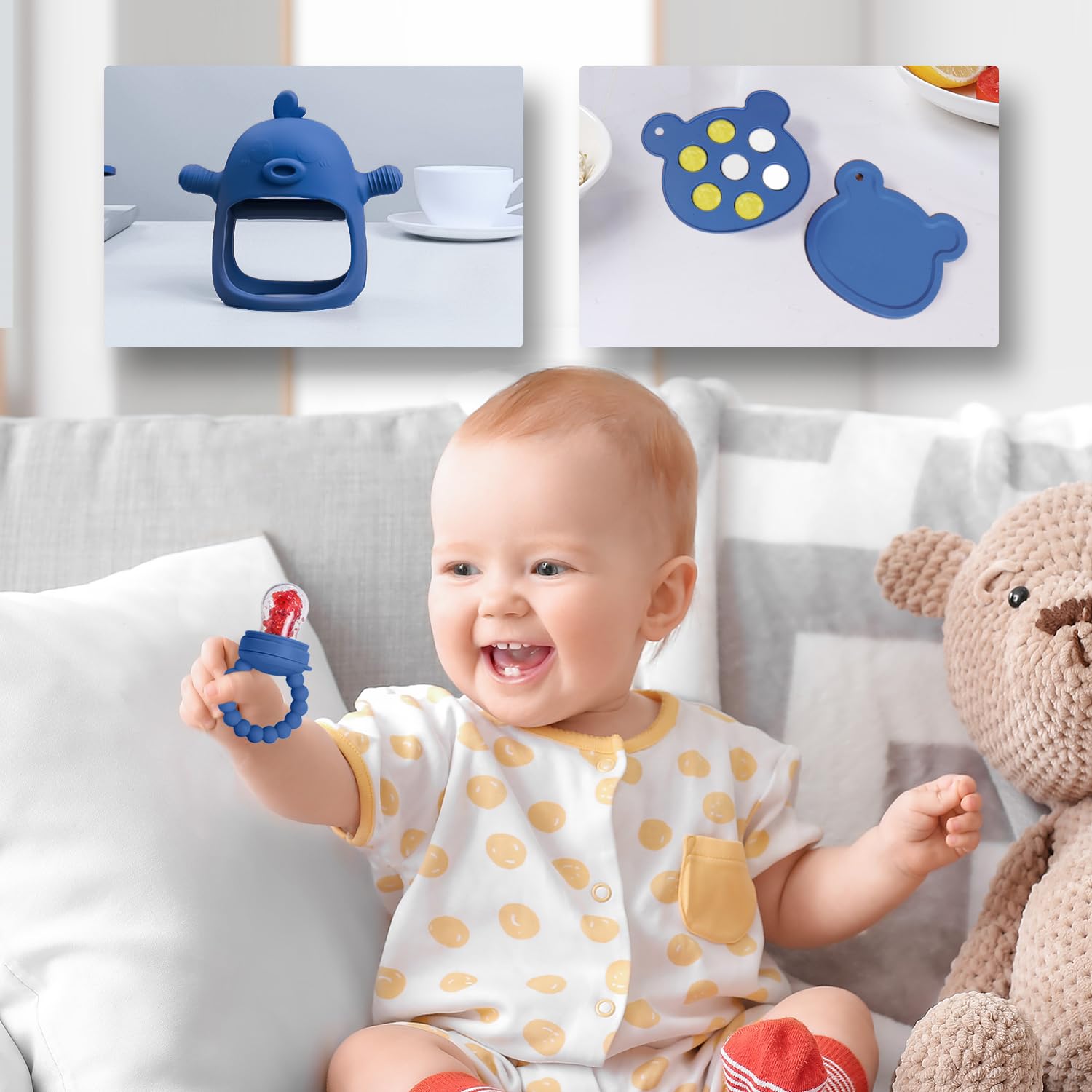 Baby Fruit Feeder Pacifier - 3 Pack | 1 Baby Food Feeder & 1 Baby Teether & 1 Baby Popsicle Molds | Breastmilk Popsicle molds | Teething Toys | Mesh Baby Feeder | Baby Feeding Set | Bebes (Steel Blue)