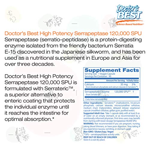 Doctor's Best High Potency Serrapeptase, Non-GMO, Gluten Free, Vegan, Supports Healthy Sinuses, 120,000 SPU, 90 Count