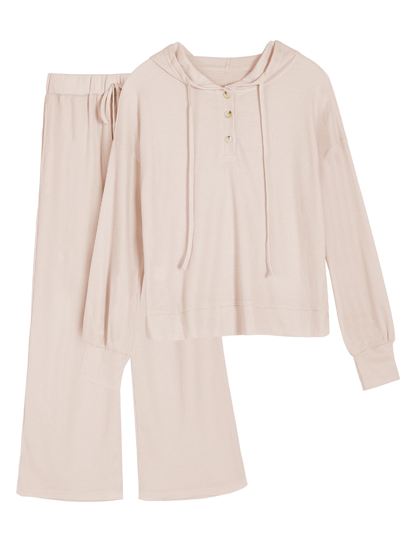 YKR Womens Loungewear Set 2 Piece Waffle Knit Lounge Sets Hooded Top and Wide Leg Pant Sweatsuits with Pockets Beige L