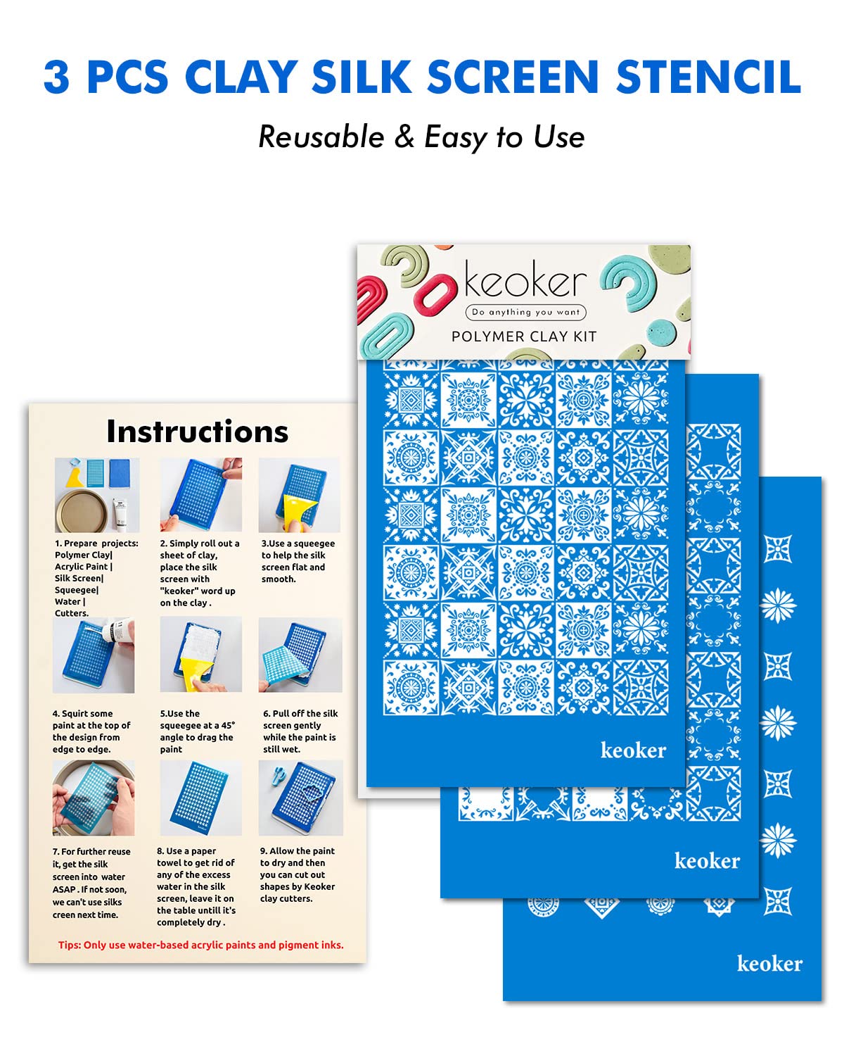 KEOKER 3PCS Tile Silk Screen Stencils for Polymer Clay, Tile Pattern Polymer Clay Stencil