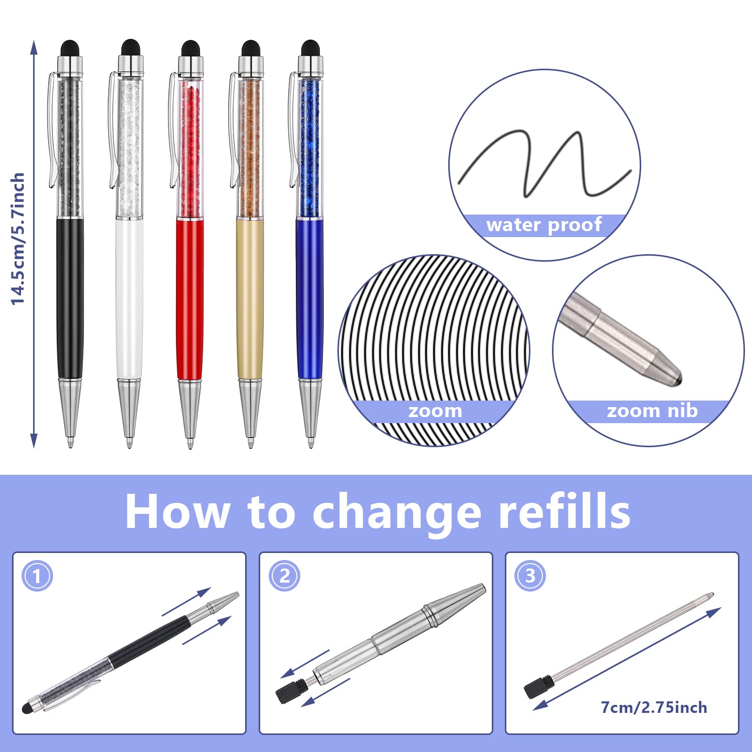 MengRan 2.75'' Ballpoint Pen Refills,Standard D1 Ballpoint Pen Refill (Remove Black Hat),Metal Refill,Black Ink,(Pack of 10)