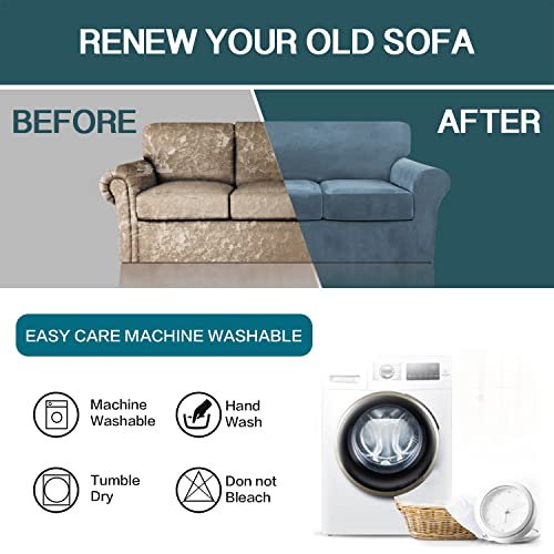 FantasDecor 4 Piece Sofa Velvet Couch Covers for 3 Cushion Stretch Slipcover with Individual Seat Cushion Elastic Furniture Protector for Pets, Machine Washable (Sofa,Stone Blue)