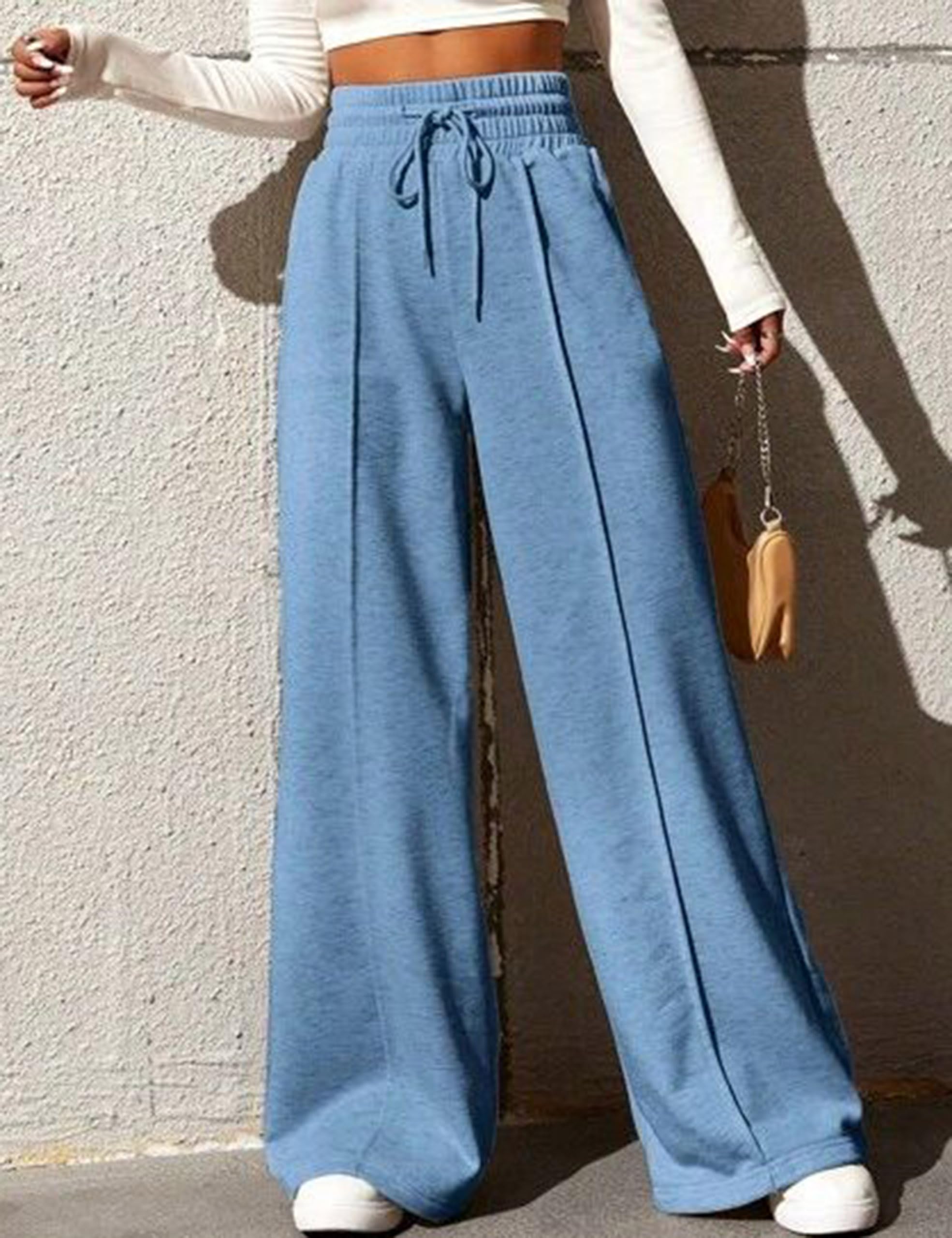MISSACTIVER Women Casual High Waist Elastic Drawstring Baggy Sweatpants Workout Athletic Patchwork Wide Leg Joggers Pants Blue