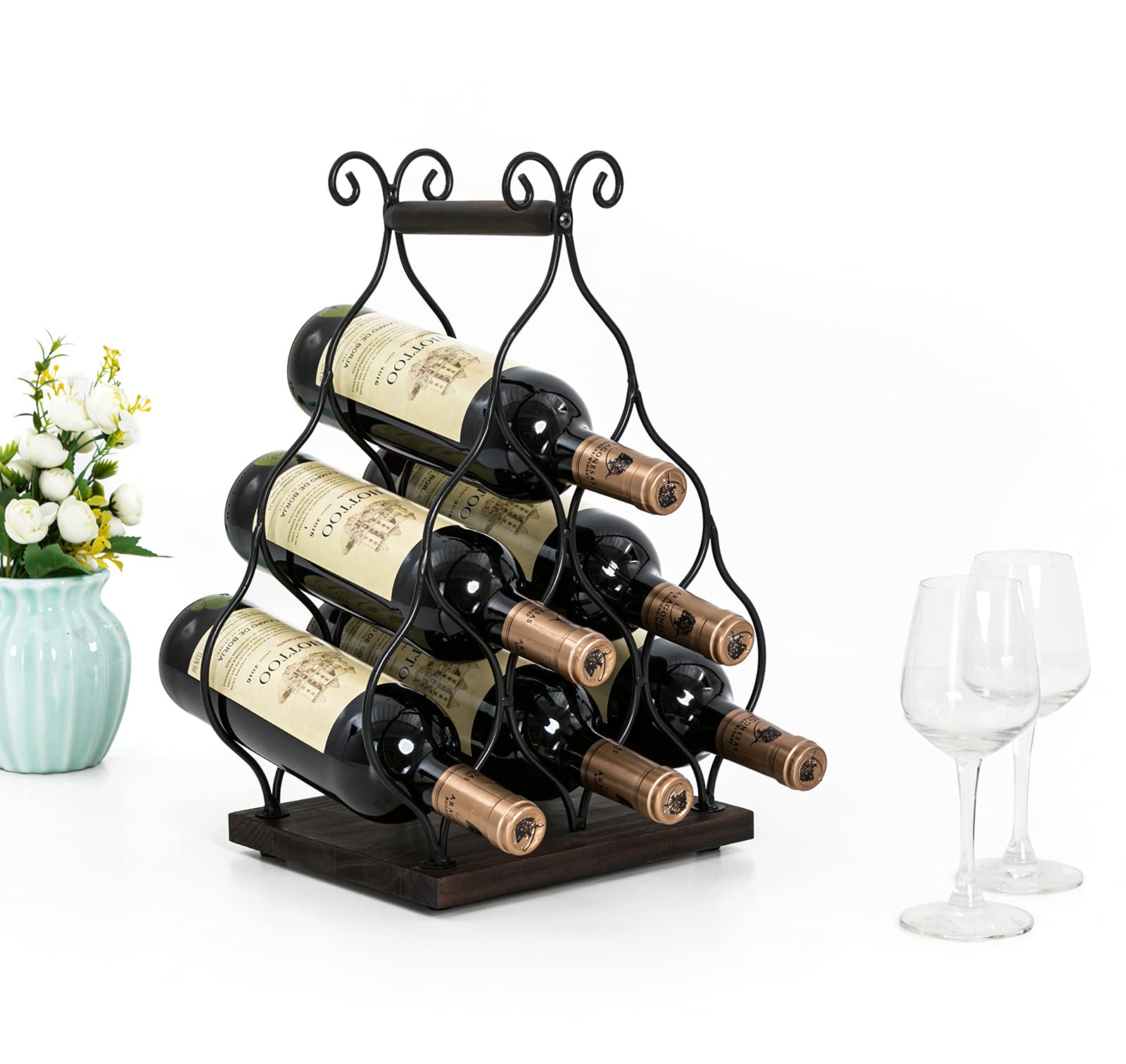 SODUKU Countertop Wine Rack 6 Wine Bottles Holder Rustic Metal Wood Wine Storage Rack for Kitchen Table Bar