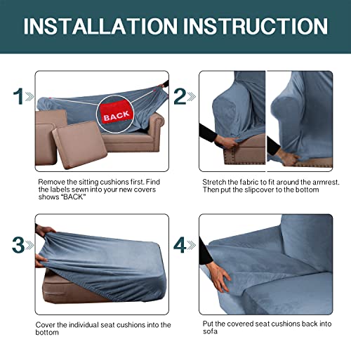 FantasDecor 4 Piece Sofa Velvet Couch Covers for 3 Cushion Stretch Slipcover with Individual Seat Cushion Elastic Furniture Protector for Pets, Machine Washable (Sofa,Stone Blue)
