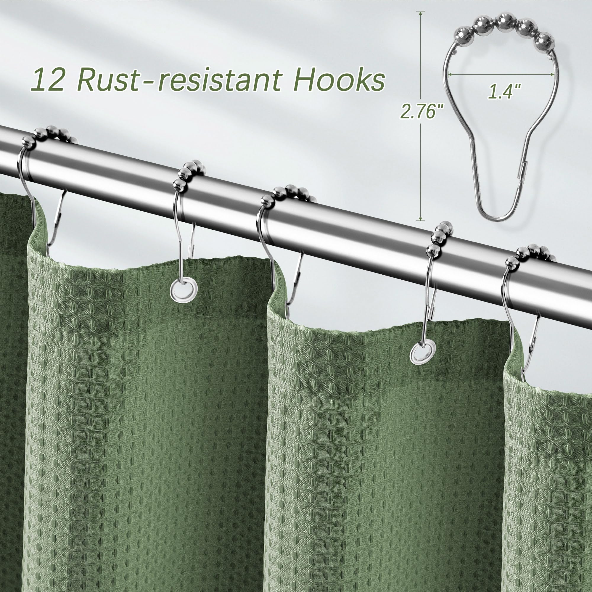 PANGSINNE Sage Green Shower Curtain - Waffle Weave Fabric Heavy Duty for Bathroom, Water Repellent Weighted 256GSM Hotel Quality Machine Washable Bath Curtains with 12 Hooks, 72Wx72H