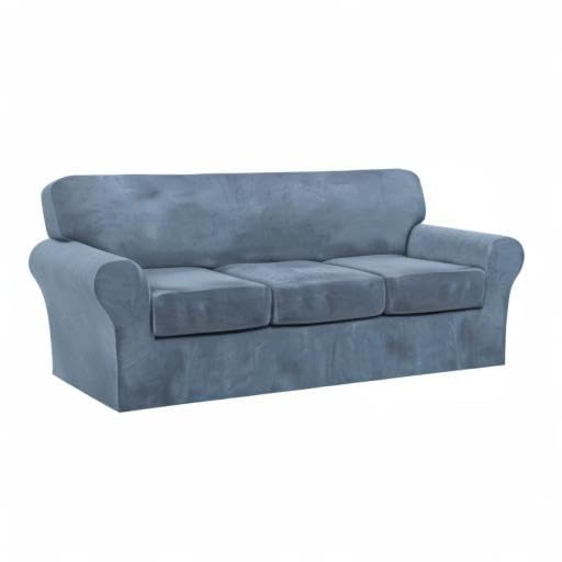 FantasDecor 4 Piece Sofa Velvet Couch Covers for 3 Cushion Stretch Slipcover with Individual Seat Cushion Elastic Furniture Protector for Pets, Machine Washable (Sofa,Stone Blue)