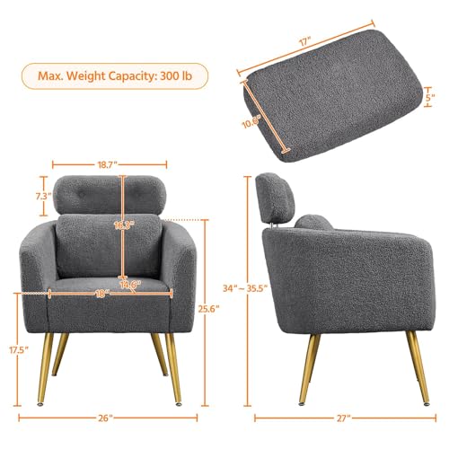 Yaheetech Accent Chair, Cozy Living Room Chair Adjustable Headrest, Boucle Vanity Chair Lumbar Pillow Golden Legs, Modern Armchair Bedroom, Dark Gray
