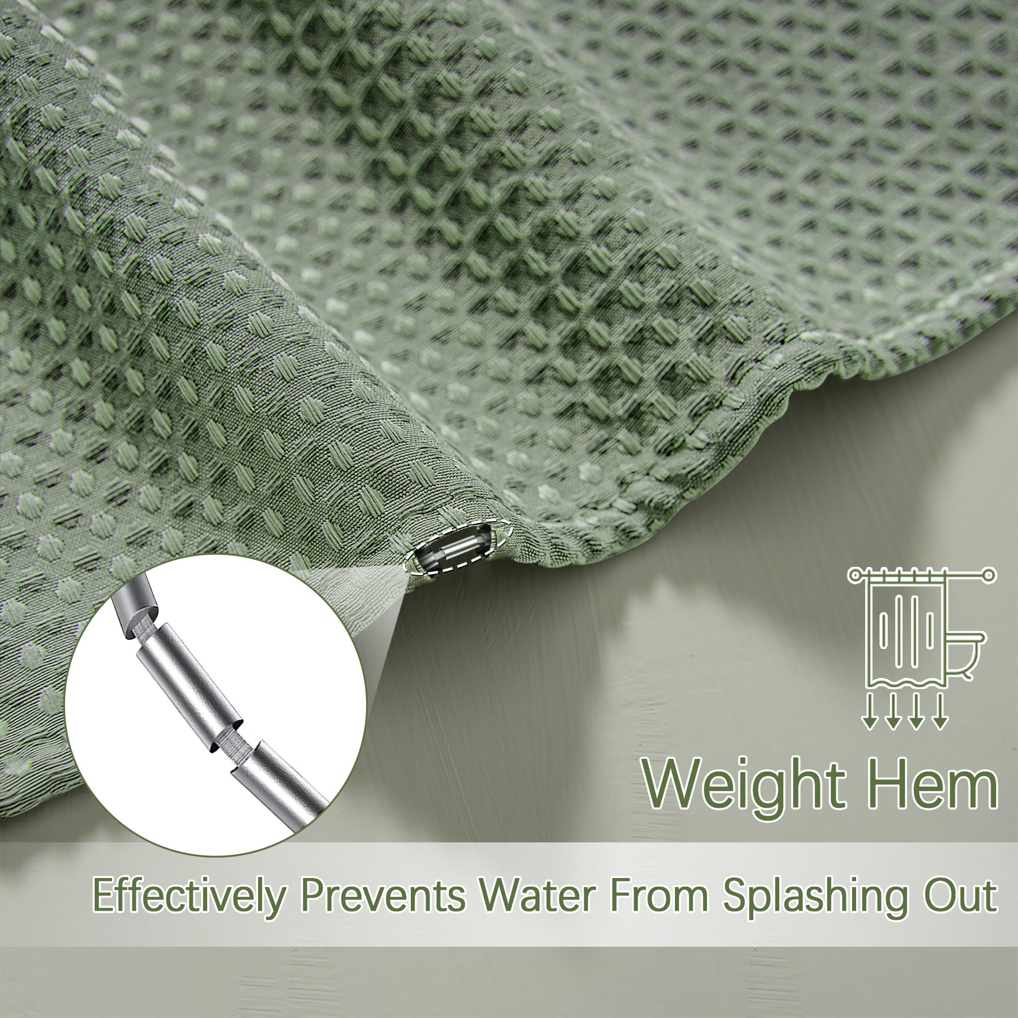 PANGSINNE Sage Green Shower Curtain - Waffle Weave Fabric Heavy Duty for Bathroom, Water Repellent Weighted 256GSM Hotel Quality Machine Washable Bath Curtains with 12 Hooks, 72Wx72H