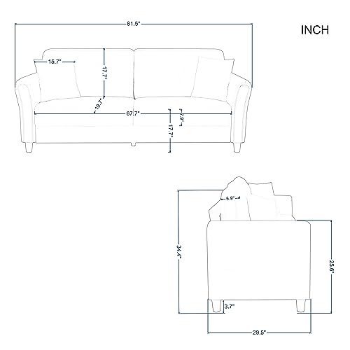FREESNOOZE 81.5'' Linen Upholstered Sofa, Modern 3 Seater Sofa Couch with Back Cushions and 2 toss Pillows for Living Room/Bedroom/Apartment(Dark Blue)