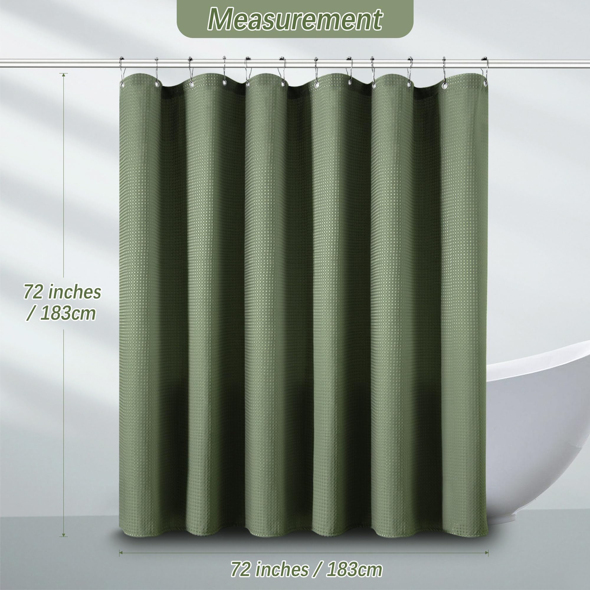 PANGSINNE Sage Green Shower Curtain - Waffle Weave Fabric Heavy Duty for Bathroom, Water Repellent Weighted 256GSM Hotel Quality Machine Washable Bath Curtains with 12 Hooks, 72Wx72H