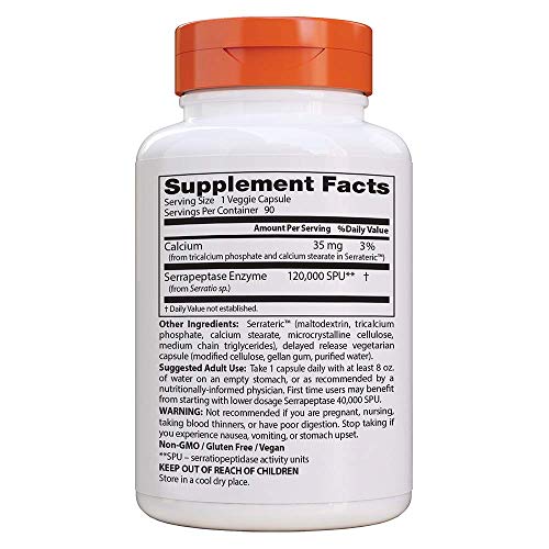 Doctor's Best High Potency Serrapeptase, Non-GMO, Gluten Free, Vegan, Supports Healthy Sinuses, 120,000 SPU, 90 Count