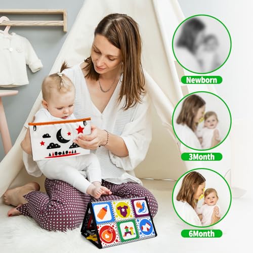 Dr.Rapeti Tummy Time Floor Mirror for Baby Infant Toddler Kids Black and White High Contrast Baby Toy with Crinkle Cloth Book Teethers Floor Activity Toy Washable Non-Toxic