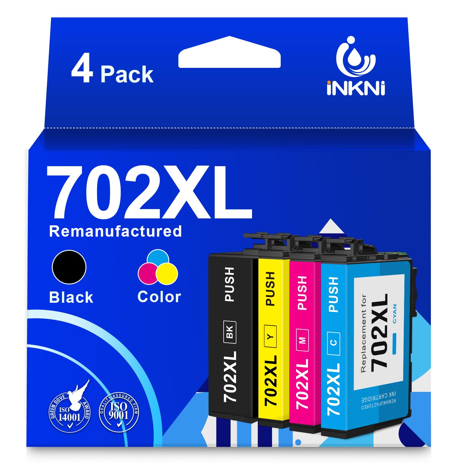 InkNI Remanufactured Ink Cartridge Replacement for Epson 702 702 XL 702XL High Yield for Workforce Pro WF-3720 WF-3730 WF-3733 Printer (Black, Cyan, Magenta, Yellow, 4-Pack)