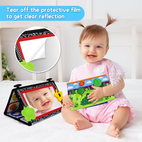 Dr.Rapeti Tummy Time Floor Mirror for Baby Infant Toddler Kids Black and White High Contrast Baby Toy with Crinkle Cloth Book Teethers Floor Activity Toy Washable Non-Toxic