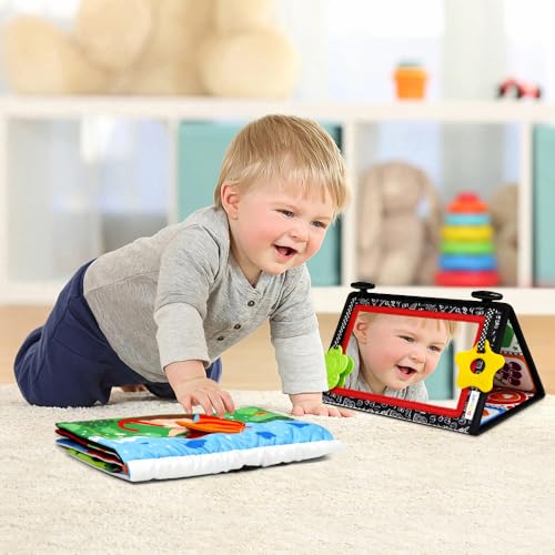 Dr.Rapeti Tummy Time Floor Mirror for Baby Infant Toddler Kids Black and White High Contrast Baby Toy with Crinkle Cloth Book Teethers Floor Activity Toy Washable Non-Toxic