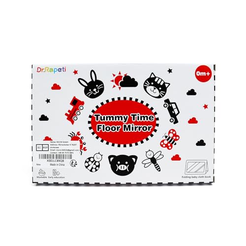 Dr.Rapeti Tummy Time Floor Mirror for Baby Infant Toddler Kids Black and White High Contrast Baby Toy with Crinkle Cloth Book Teethers Floor Activity Toy Washable Non-Toxic