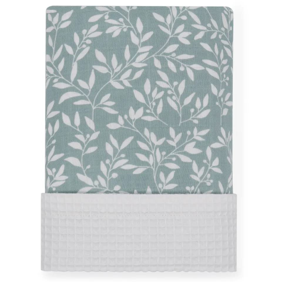 Blue Leafy Waffle Baby Blanket 2 Layers Waffle Fabric Towel for Newborn Wrap Shower Gift with Printed Patterns Cotton Baby Muslin Swaddle Blanket 70% Viscose from Bamboo and 30% Cotton.