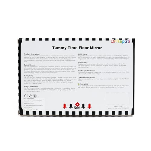 Dr.Rapeti Tummy Time Floor Mirror for Baby Infant Toddler Kids Black and White High Contrast Baby Toy with Crinkle Cloth Book Teethers Floor Activity Toy Washable Non-Toxic