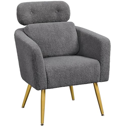 Yaheetech Accent Chair, Cozy Living Room Chair Adjustable Headrest, Boucle Vanity Chair Lumbar Pillow Golden Legs, Modern Armchair Bedroom, Dark Gray