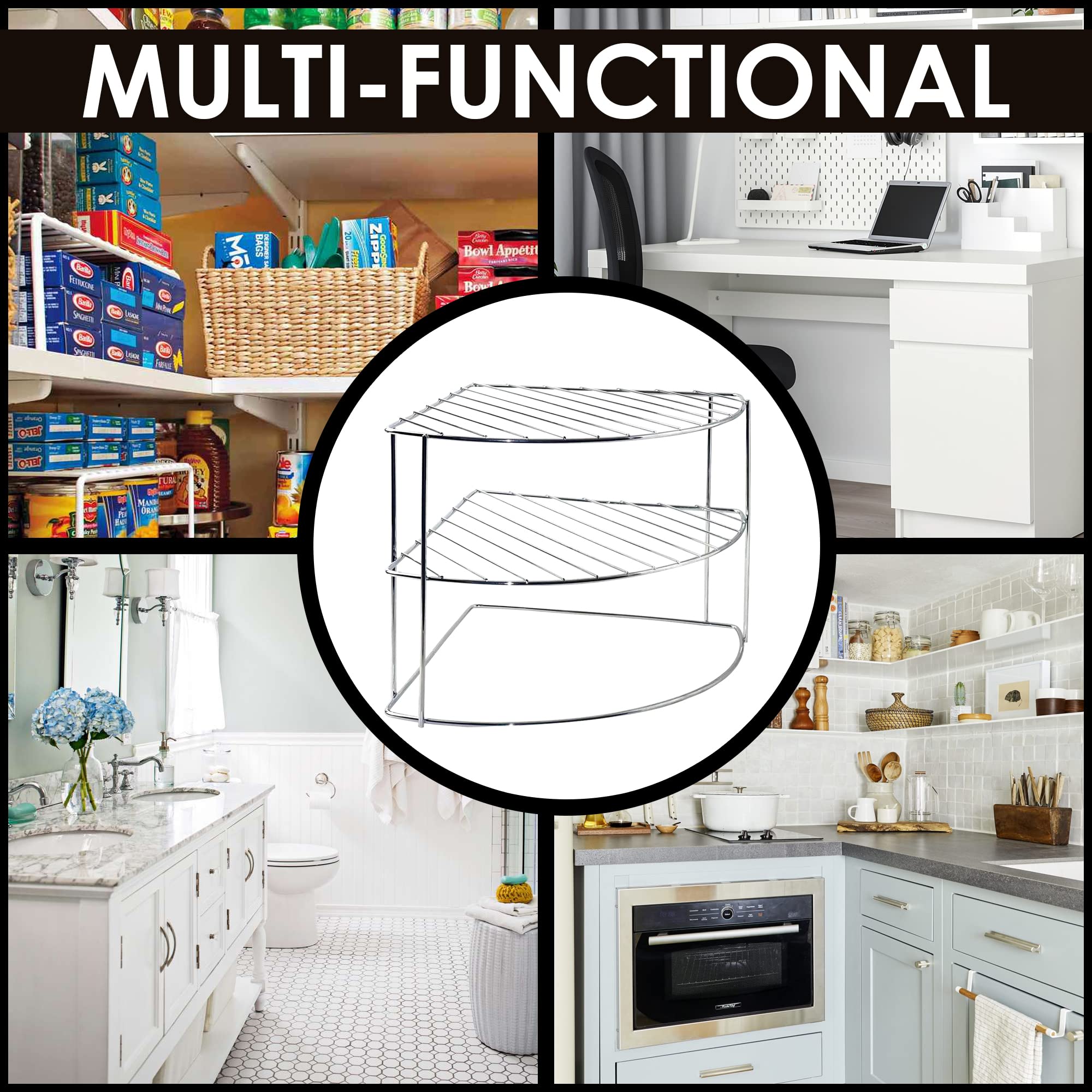 3-Tier Counter and Cabinet Corner Shelf, Pantry Organizer, Rust Resistant - Plates, Dishes, Pans, Cups, Lids and Bowls - Silver