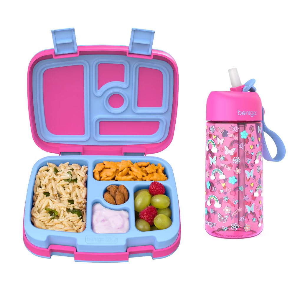 Bentgo Kids Prints Lunch Box Kids Water Bottle - New & Improved 2023 (Rainbows and Butterflies)