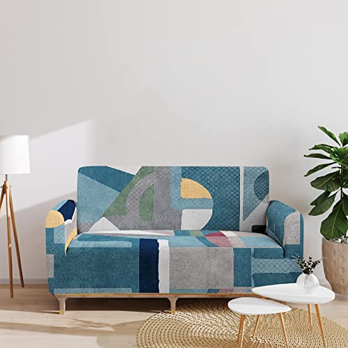HOSIMA Geometric Irregularity Sofa Covers for 4 Cushion Couch,Blue and Grey X-Large Couch Slipcover,Printed Stretch Washable X-Large Slipcover Furniture Protector for Living Room,X-Large(93-118 inch)