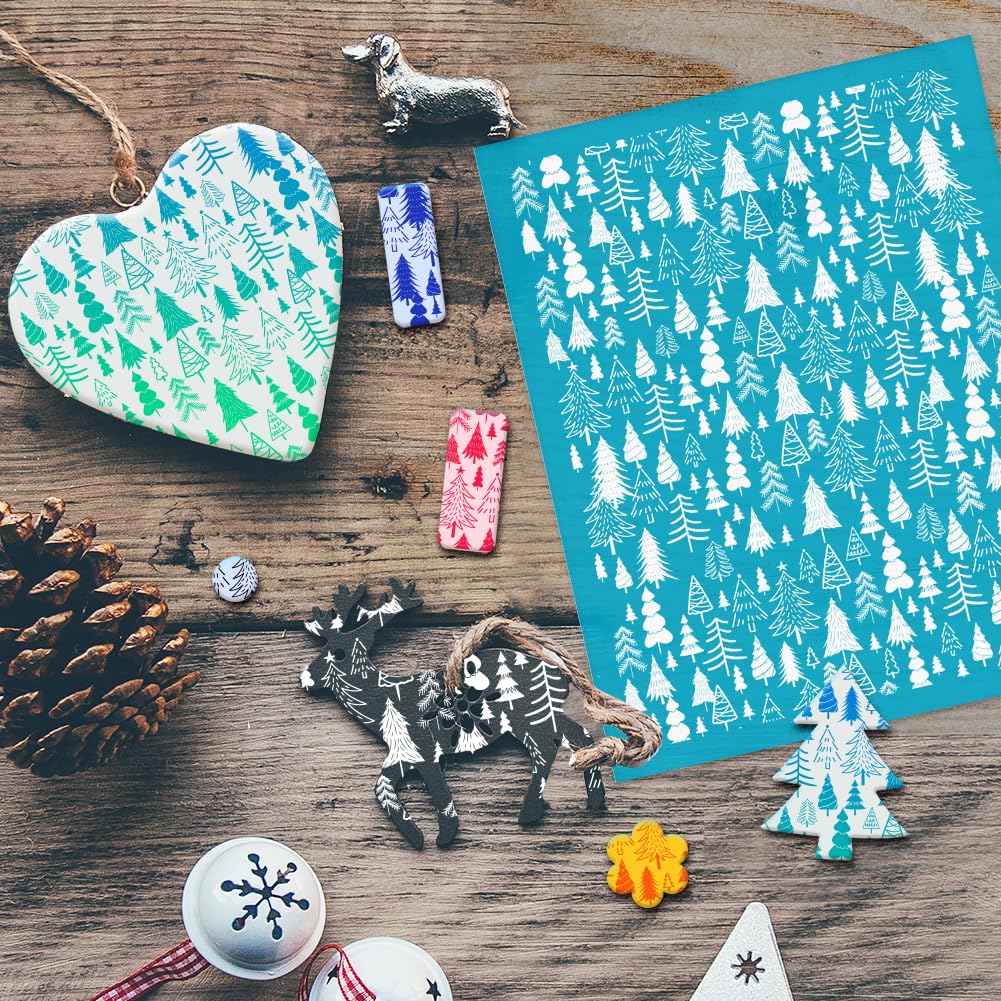 OLYCRAFT 4x5 Inch Christmas Tree Clay Stencils Christmas Theme Silk Screen for Polymer Clay Pines Pattern Silk Screen Stencils Mesh Transfer Stencils for Polymer Clay Jewelry Making