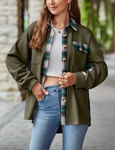 Bozanly Womens Waffle Knit Plaid Patchwork Shirts Lounge Loose Button Down Shacket Jacket Tops(0815-ArmyGreen-L)