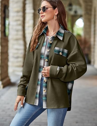 Bozanly Womens Waffle Knit Plaid Patchwork Shirts Lounge Loose Button Down Shacket Jacket Tops(0815-ArmyGreen-L)