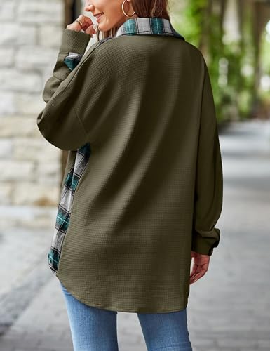 Bozanly Womens Waffle Knit Plaid Patchwork Shirts Lounge Loose Button Down Shacket Jacket Tops(0815-ArmyGreen-L)