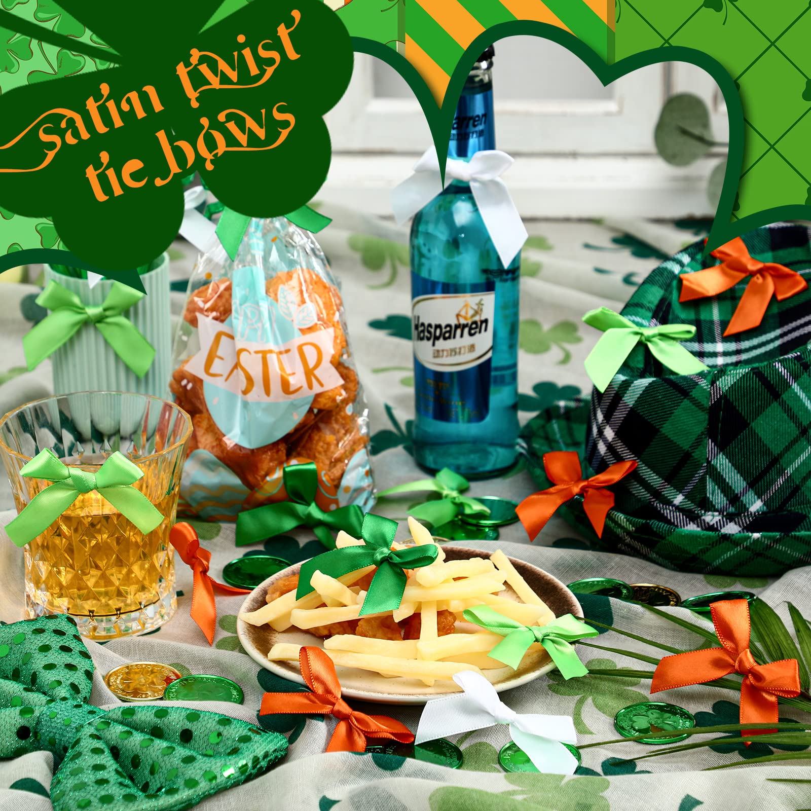 120 Pcs St. Patrick's Day Twist Bow Satin Twist Tie Bows Fabric Bows for Crafts Polyester Craft Bows Decorating Ribbon Bows Gift Wrap Bows for DIY Gift Wrapping, Light Green, Dark Green, White, Orange