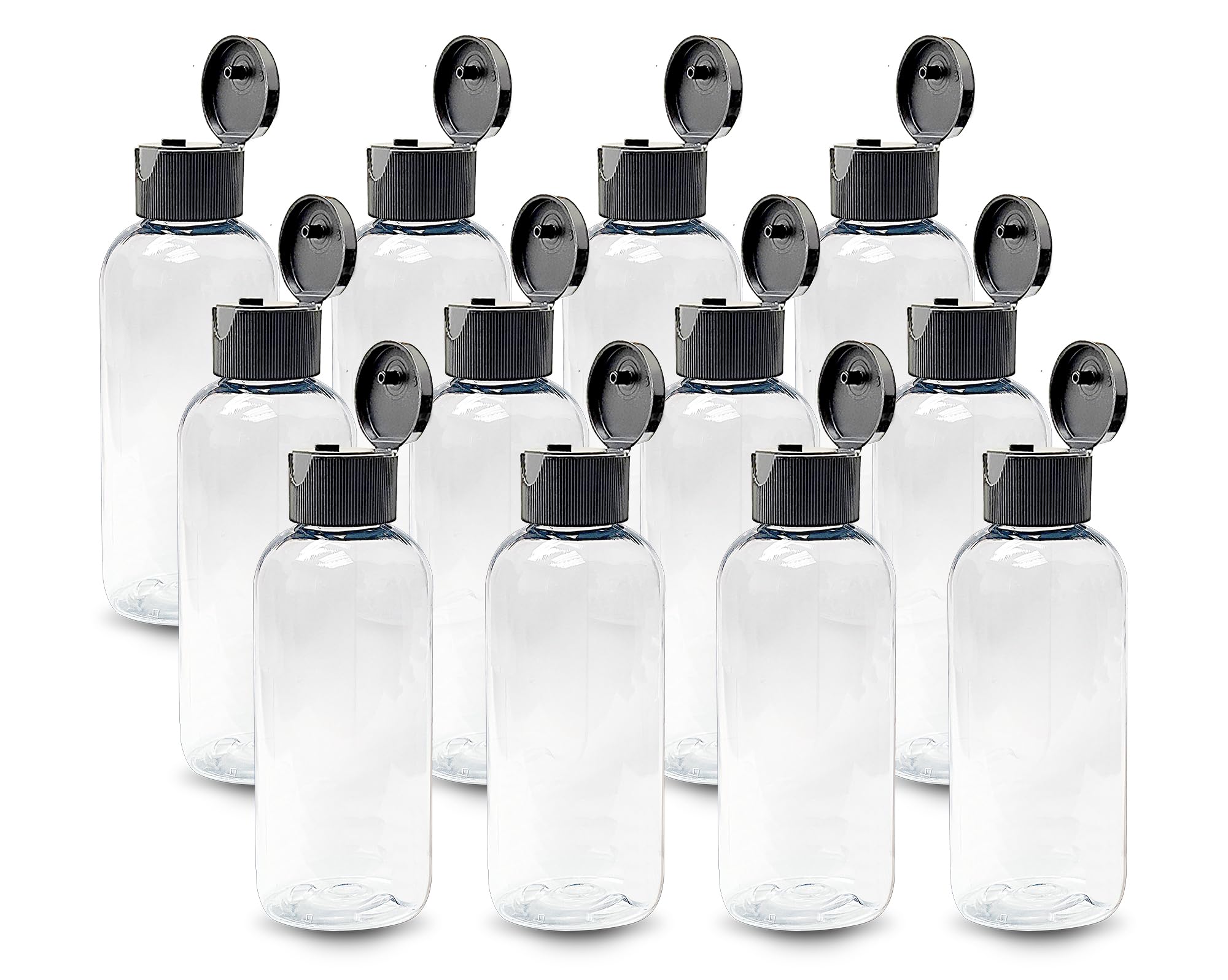 ljdeals 4 oz Clear Plastic Empty Bottles with Black Flip Top Caps, Refillable Cosmetic Containers for Shampoo, Lotions, Cream and more Pack of 12, BPA Free, Made in USA