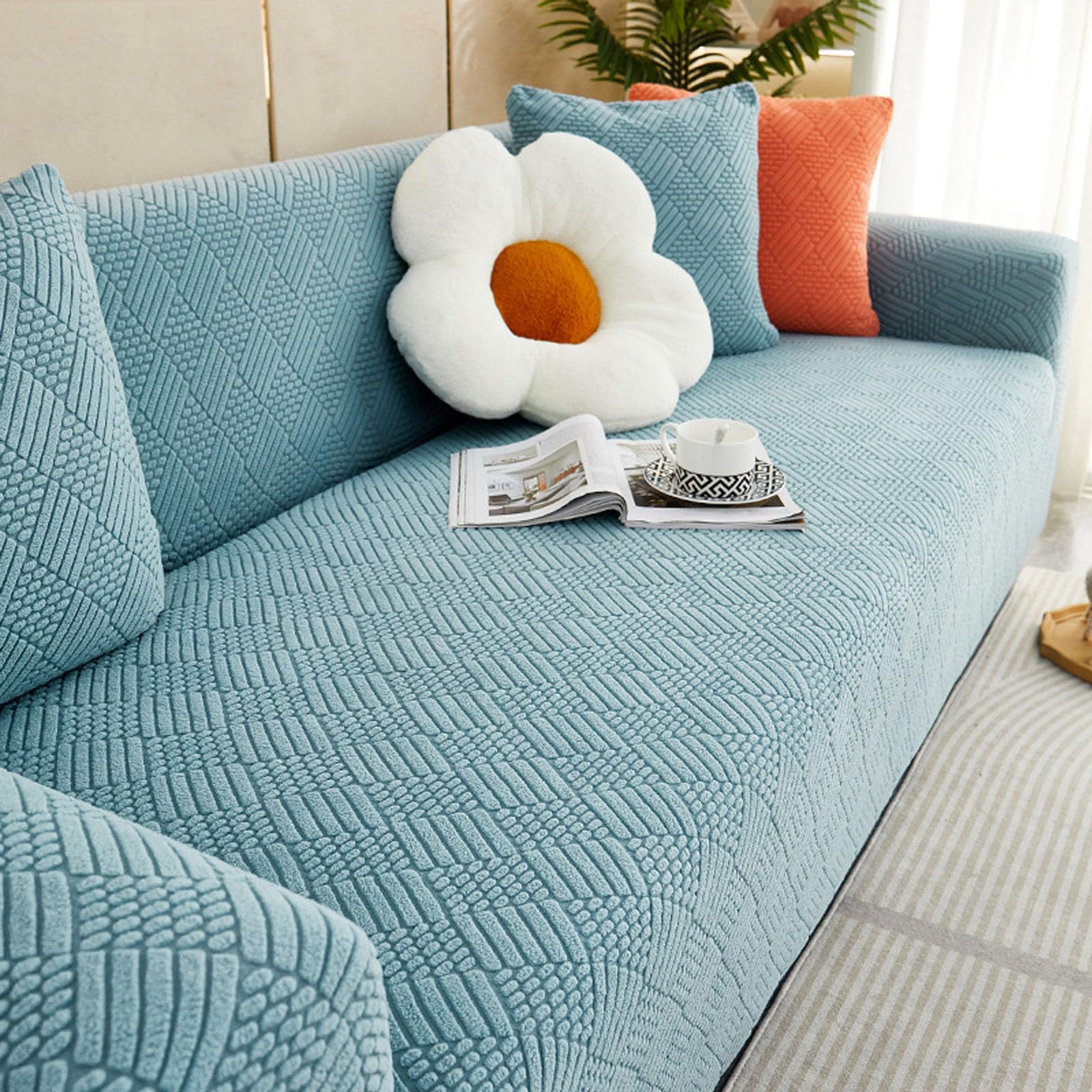 GUYIRT High Stretch Sofa Cover, Dustproof Furniture Protector for 1 2 3 4 Seater Sofa, Anti Slip Sofa Slipcovers with Elastic Strap-Blue-4 Seater(235-300cm)